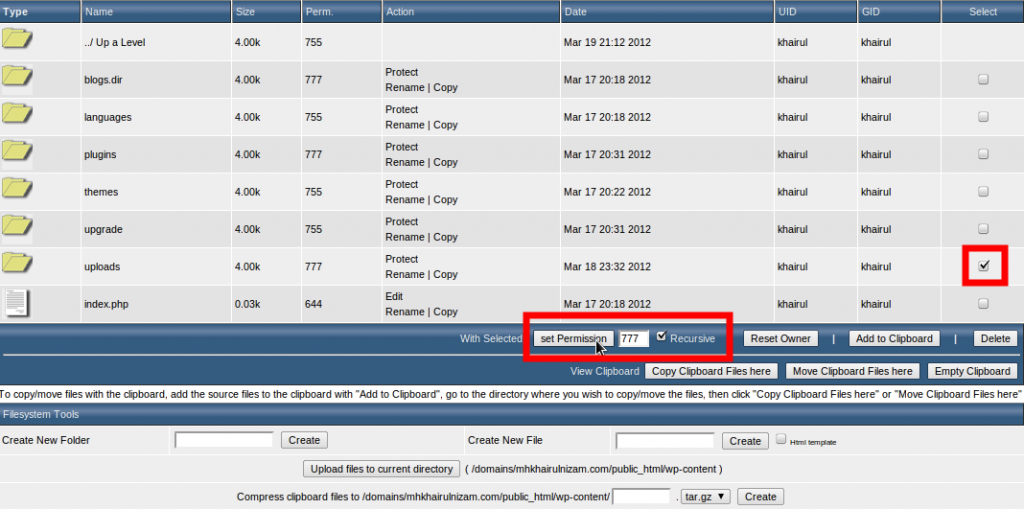 Changing file permissions in DirectAdmin (Enhanced Skin) - IPSERVERONE
