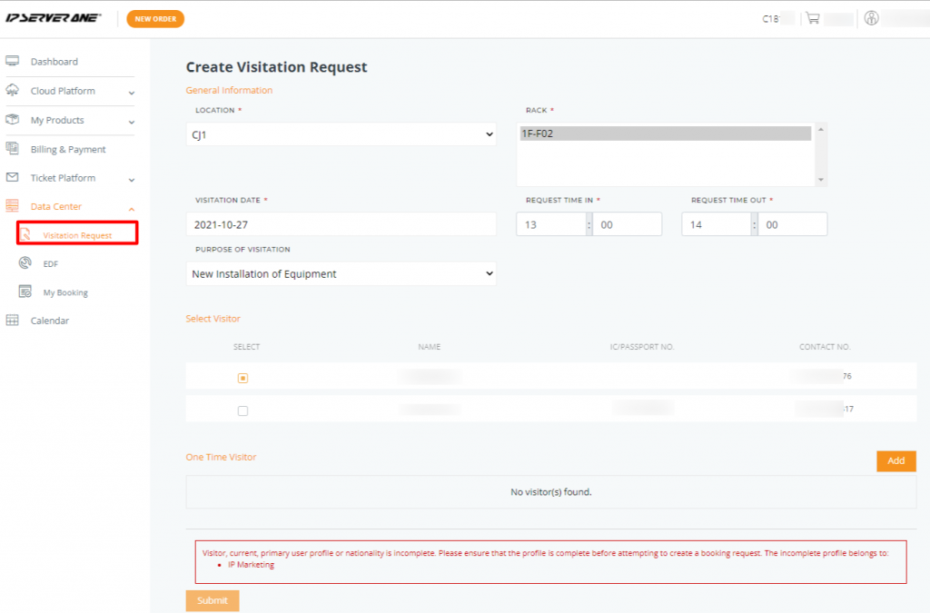 How to create Data Center visitation request - IPSERVERONE