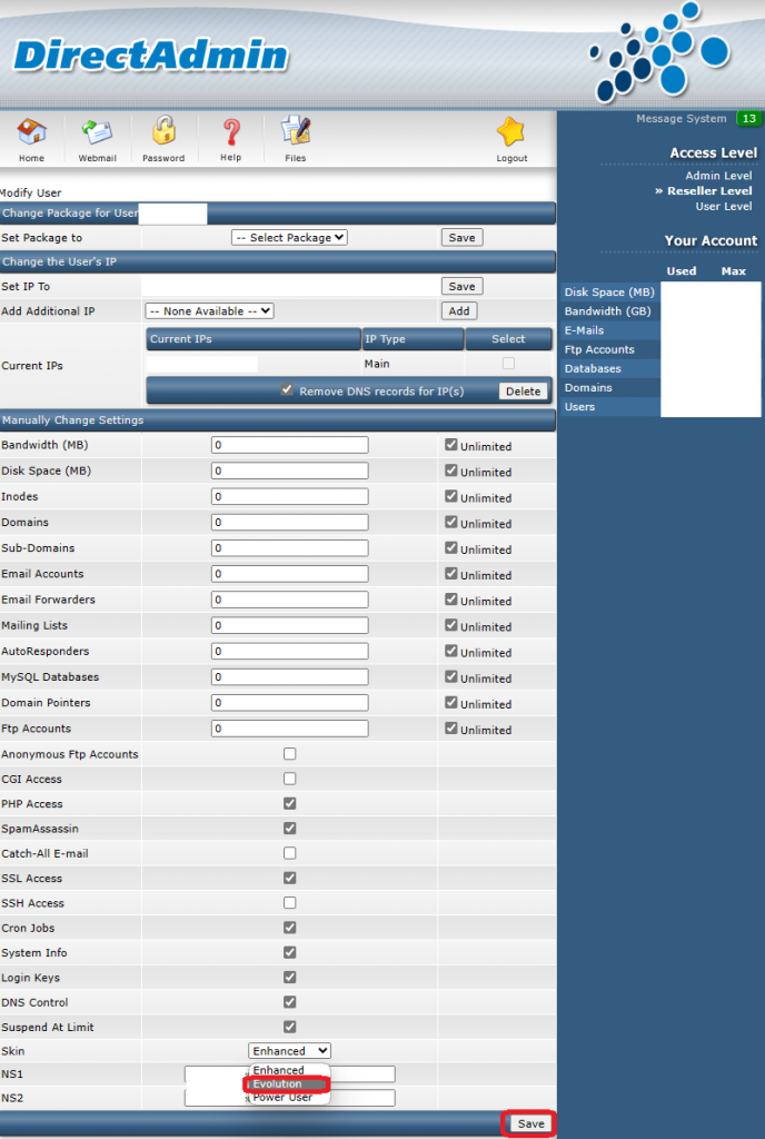How to Switch DirectAdmin Theme from Enhanced to Evolution - IPSERVERONE