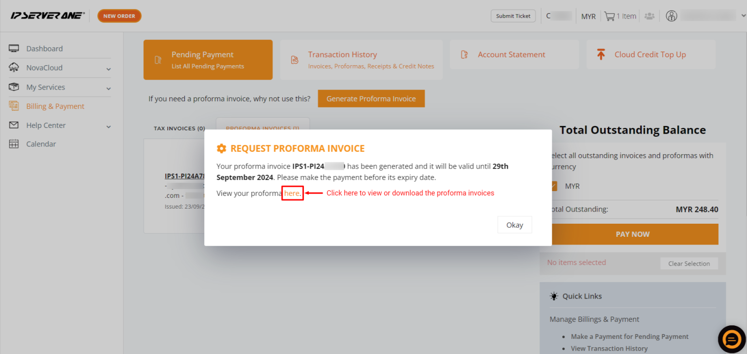How to generate profroma invoice through customer portal - IPSERVERONE