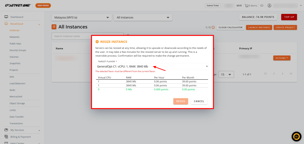 How to resize cloud instance in portal? - IPSERVERONE