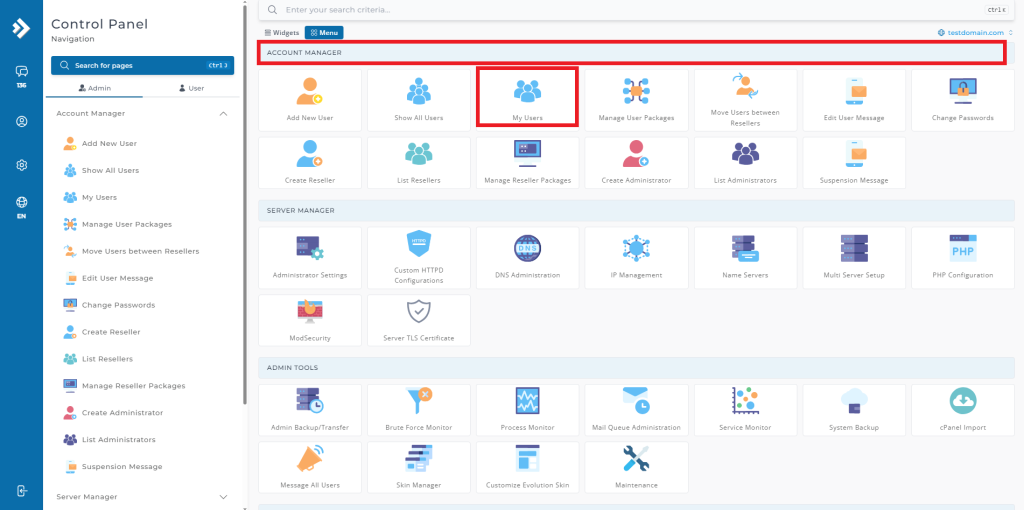 How to modify user account (Admin level) in DirectAdmin (Evolution Skin) - IPSERVERONE