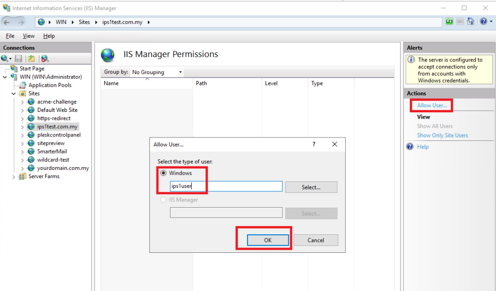 How to connect to a site in Information Services (IIS) as a normal user ...